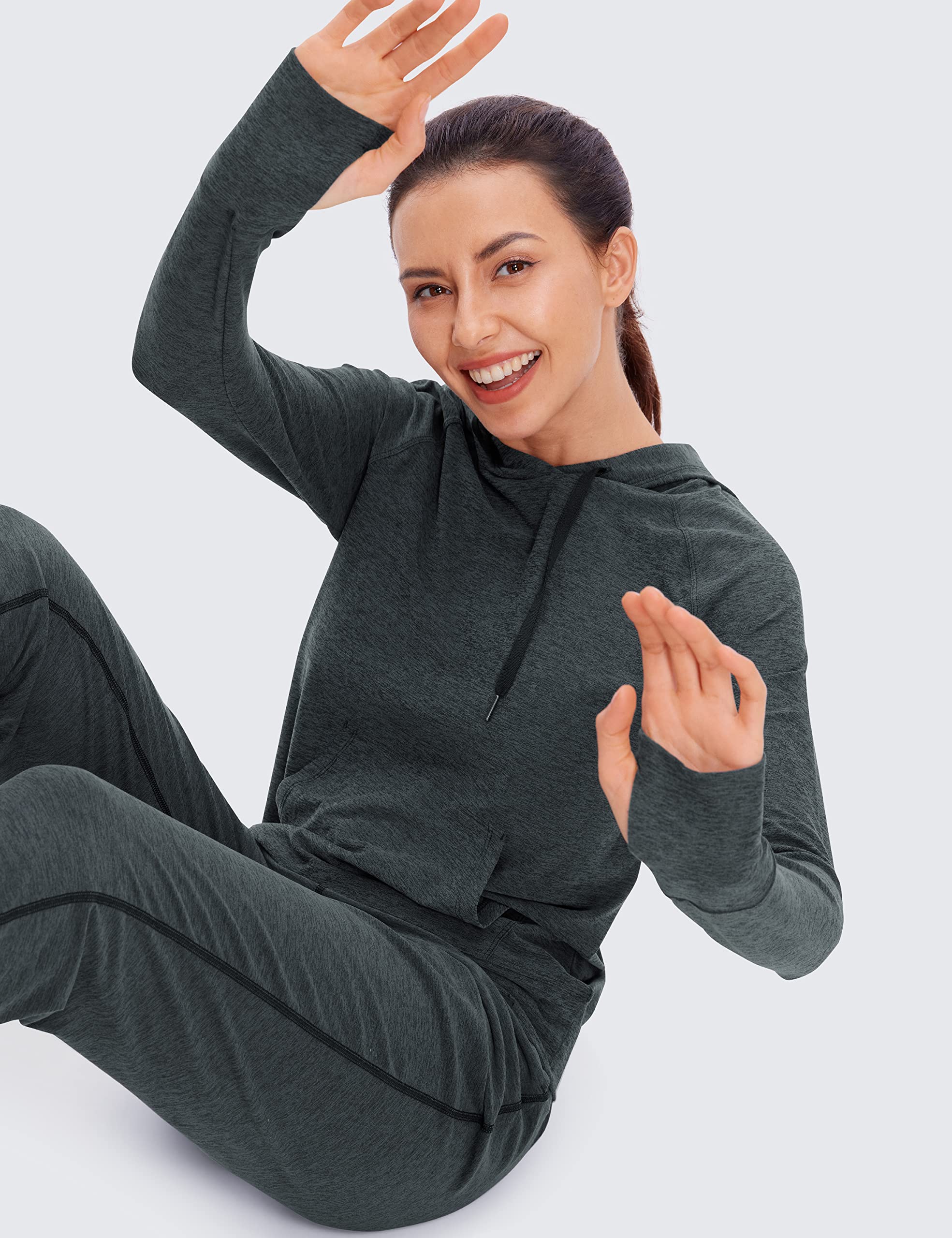 CRZ YOGA Women's Hoodie Long Sleeve Shirts Running Workout Top Pullover Sweatshirts with Pocket Black Heather Medium