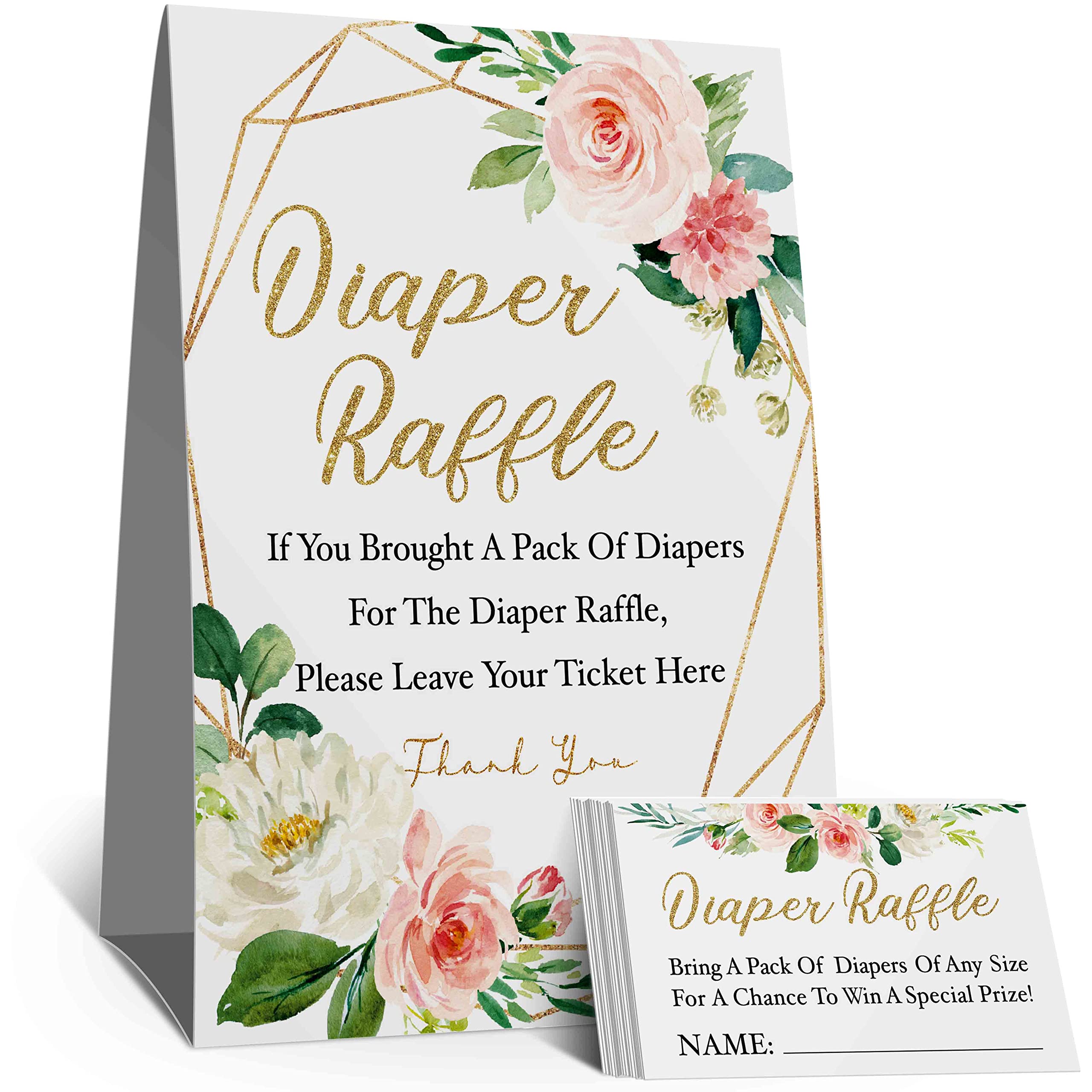 Diaper Raffle Tickets, Diaper Raffle Sign, Watercolor Pink Flowers Baby Shower Game Kit, Baby Showers Decorations, Card for Baby Shower Game to Bring a Pack of Diapers (1 Sign+50 Cards)