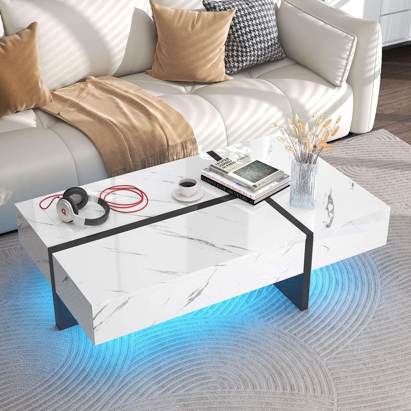 chartustriable 47.2" Modern Coffee Table for Living Room, LED High Gloss Coffee Table with Storage Drawers and LED Light, Center Table for Living Room(Black & Marble)