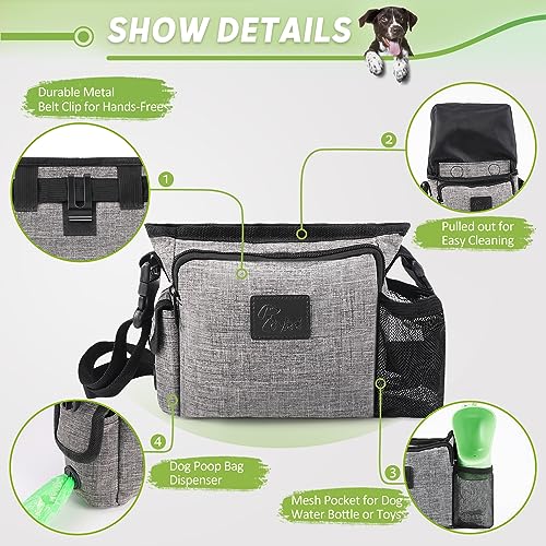 Large Dog Treat Pouch for Training with Magnetic Closure, Portable Dog Walking Fanny Pack Built-in Poop Bag Dispenser and Multiple Pockets, Includes Waist Belt Clip, Adjustable Shoulder Strap (Grey)