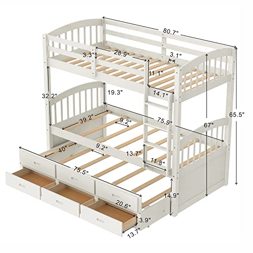 Merax Twin Over Twin Bunk Bed with Trundle and 3 Drawers, Solid Wood Bunk Bed Frame with Ladder and Full Guardrails, for Teens, White