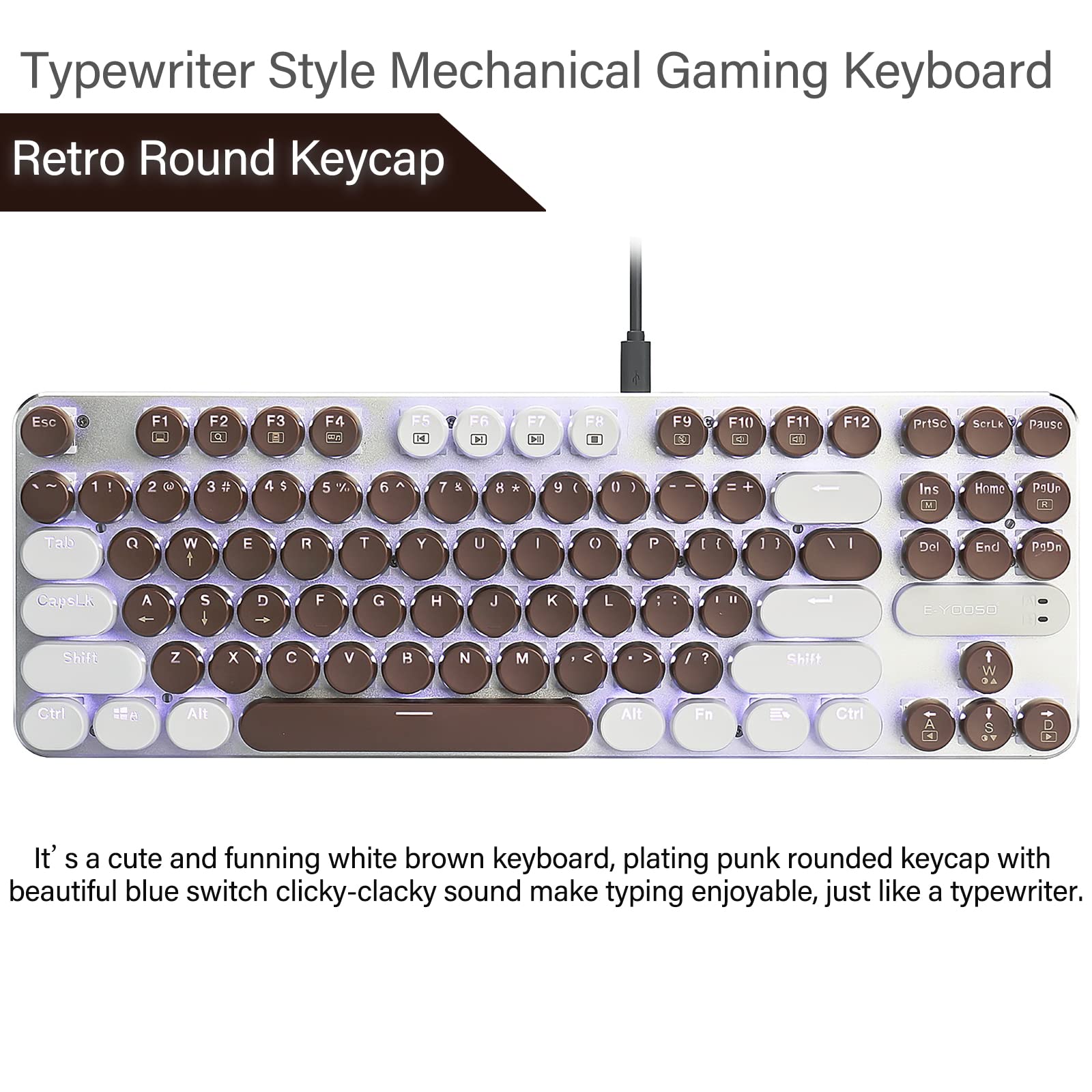 DEANEEK Typewriter Style Mechanical Keyboard 87 Key Retro Punk Round Keycap LED Backlit USB Wired Gaming Keyboards with White LED Backlit, Round Keycaps for Windows/Mac/PC (Blue Switch)