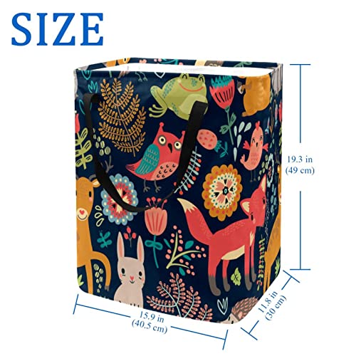 Forest Animals Owl Hedgehog Deer Fox Rabbit Print Collapsible Laundry Hamper, 60L Waterproof Laundry Baskets Washing Bin Clothes Toys Storage for Dorm Bathroom Bedroom