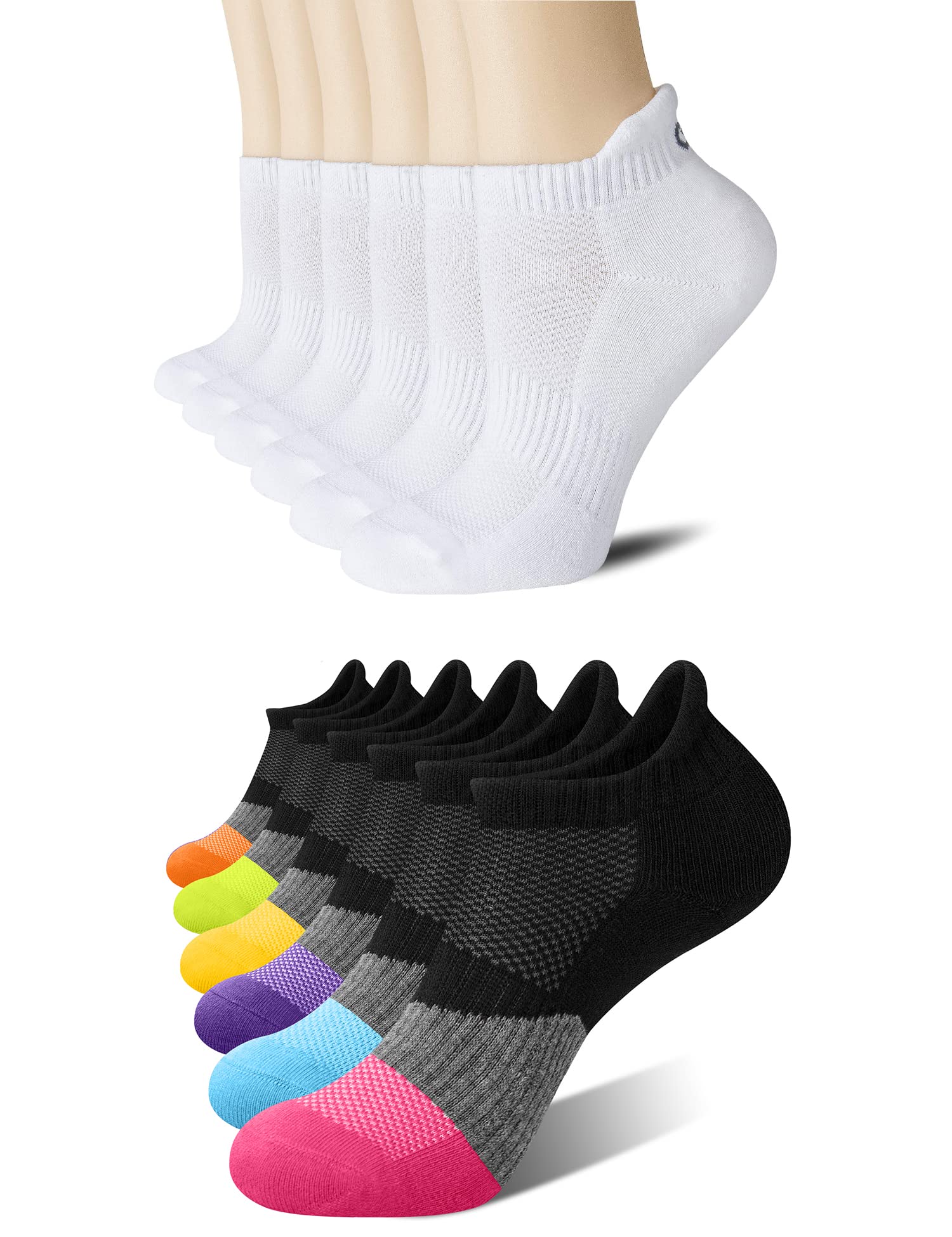 CS CELERSPORT 12 Pairs Ankle Running Socks Athletic Cushion Sport Low Cut Socks,White*6+ Black Multicolor*6, Medium