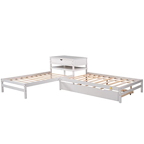 L-Shaped 2 Beds Twin Size & Full Size with Trundle Wood Platform Beds for 3 People Corner Bed Frames with Table for Kids Teens Adults, White