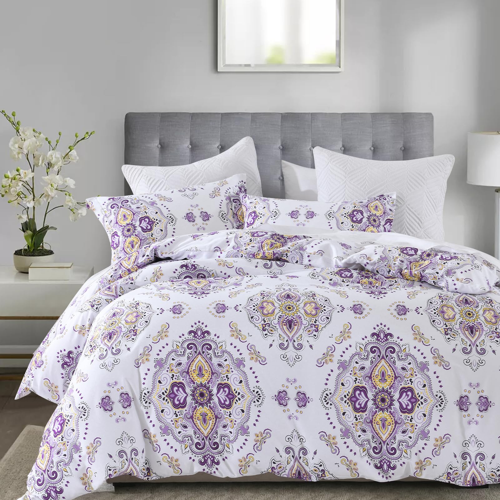 DUOMING Cotton Duvet Cover King - 100% Cotton Soft 3 Pieces Damask Duvet Cover, White and Purple Floral King Duvet Cover Set, Medallion Duvet Cover King with Zipper Closure & 8 Ties