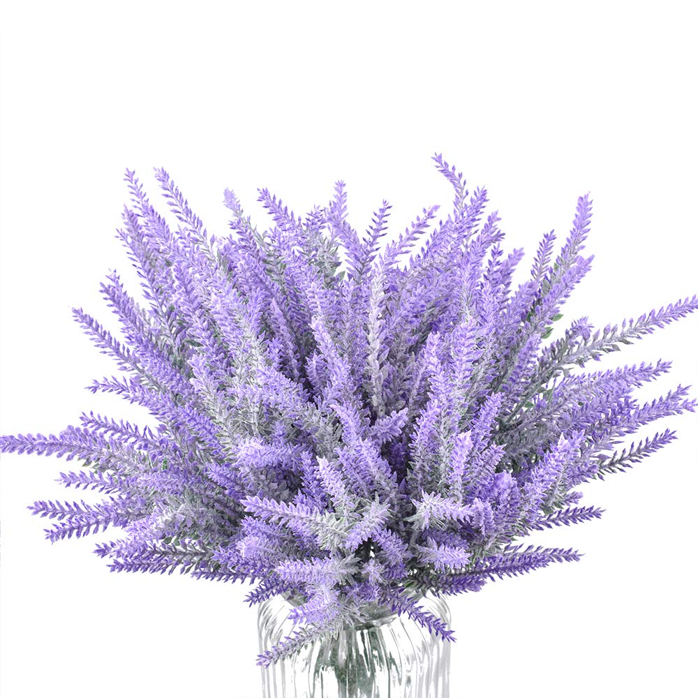 XONOR 12 Bouquets Artificial Flocking Lavender Flowers Fake Lavender Plant for Wedding Home Decor Office Table Garden Patio Decoration (Purple)