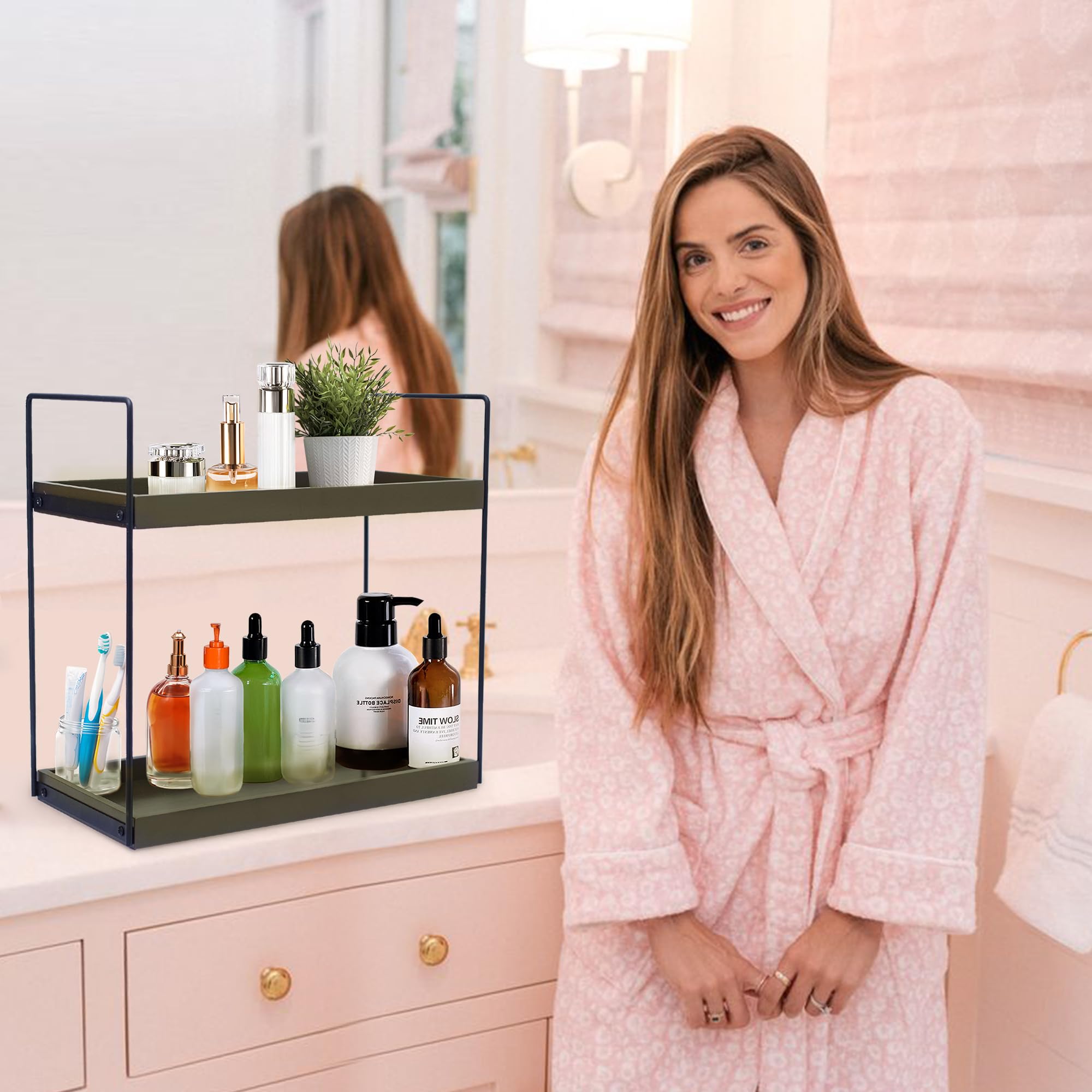 Duvonne 2-Tier Bathroom Countertop Organizer with Free Tools for Quick Assembly 100% Bamboo Durable - Water Resistance Bathroom Counter Shelf - Space Saver Standing Trays for Kitchen (Natural Color)