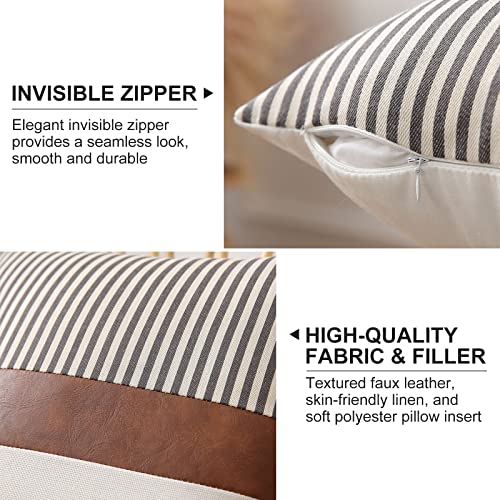 Mecatny Boho Throw Pillows 18x18 Set of 2 - Farmhouse Decorative Throw Pillows with Inserts Included - Brown Faux Leather Modern Stripe Patchwork Linen Accent Throw Pillows for Couch Bed Sofa, Grey