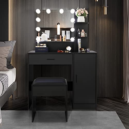 Large Vanity Set with 10 LED Bulbs Makeup Table with Cushioned Stool Makeup Desk with Open Storage Shelves Vanity Table with Cabinet Drawer Chest Dressing Table for Women Girls