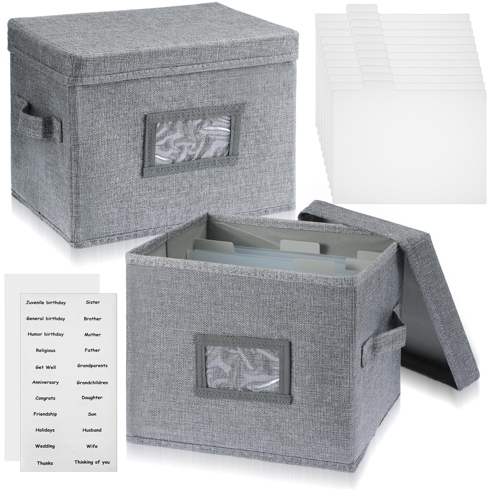 Dandat 2 Pcs Greeting Card Organizer Box with 30 Dividers Portable File Storage Box with Lid and Side Handle Stationary Organizer Box with Label Stickers for Storing Cards Envelope Photo(Gray)