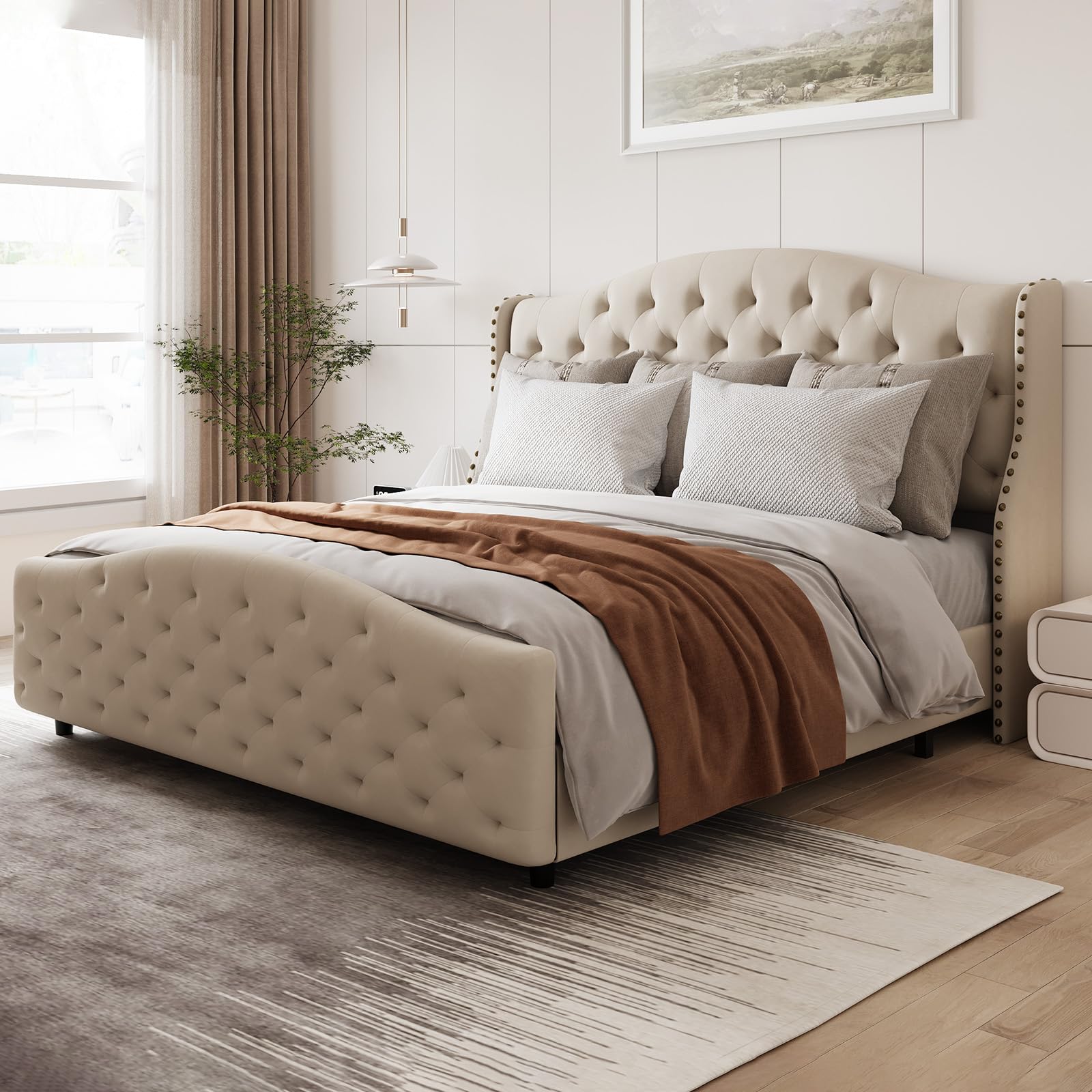 GarveeHome Queen Size Velvet Tufted Upholstered Platform Bed Frame with Raised Wing Back Headboard, Mattress Foundation and Wood Slat Support, No Box Spring Needed, Beige