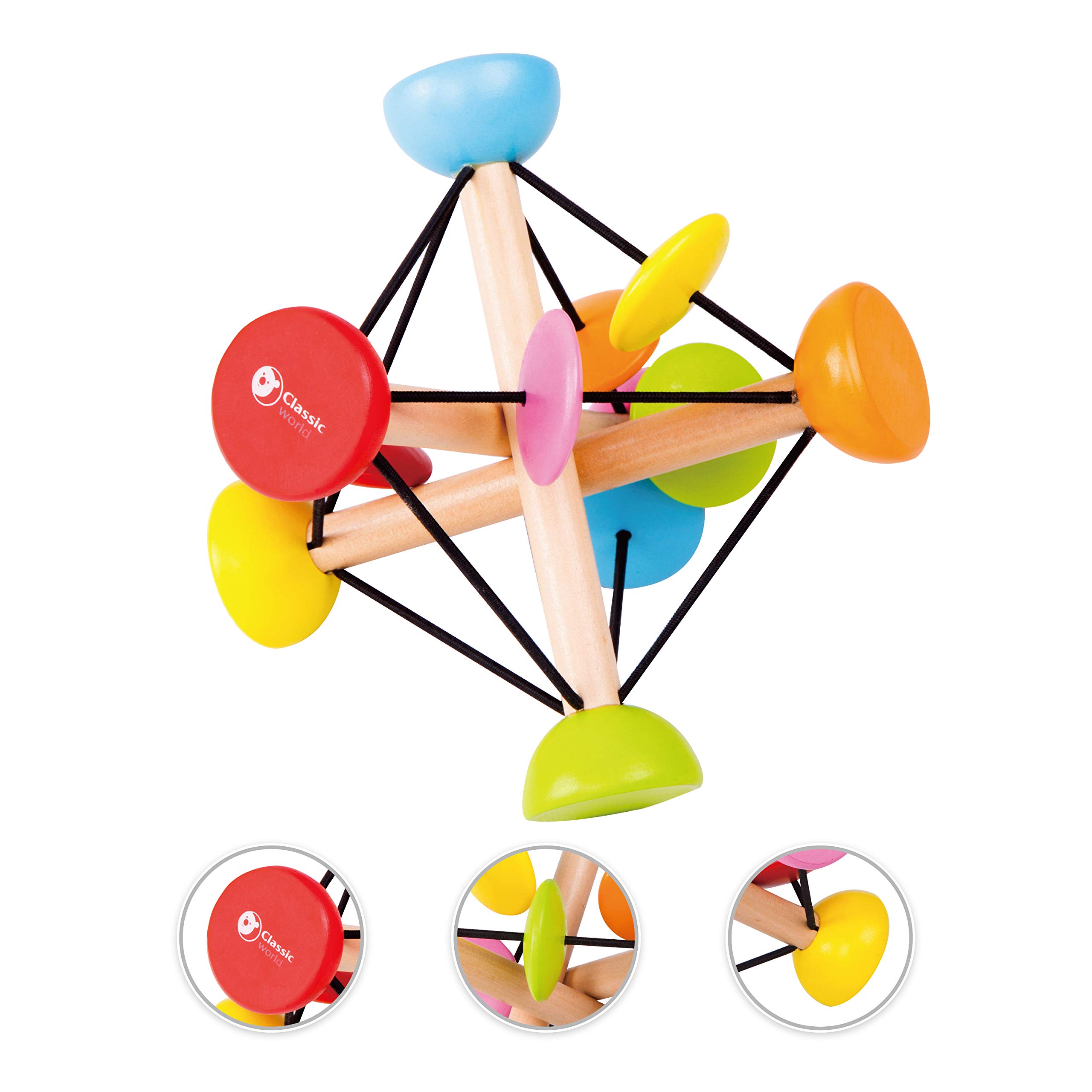 Classic World Wooden Baby Rattle Teething Tensegrity Ball Teether, Squish Squzze Expandable Springy Rebounding Ball for Early Learning Education, Montessori Toys