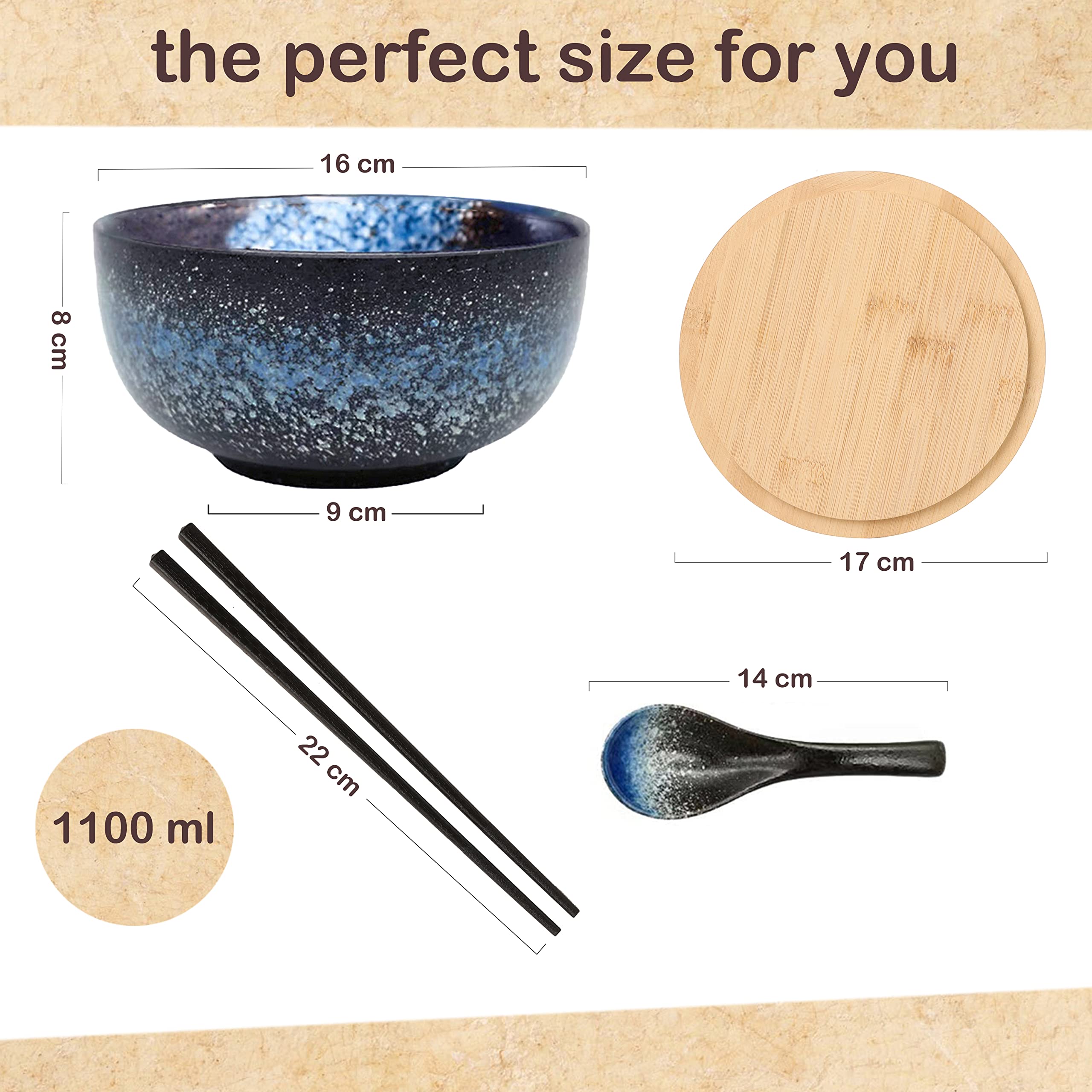 Cteaffee 38 OZ Large Ceramic Ramen Bowls Sets, Japanese ramen bowls, soup bowl, noodle bowls with Spoons and Chopsticks For Salad, Rice, Noodles, Microwave & Dishwasher Safe (Ramen bowl set)