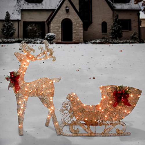 National Tree Company Company lit Artificial Christmas Décor | Includes Pre-Strung LED Lights and Ground Stakes | Reindeer and Santa's Sleigh-4 ft, White, Red, Green