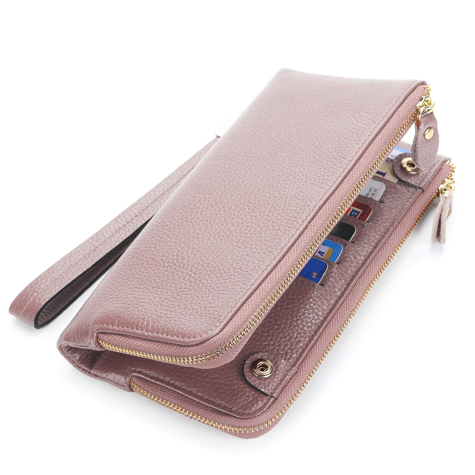 YALUXE Women's Genuien Leather Wristlet Wallets with Multi Card Slots Double Zipper Pocket