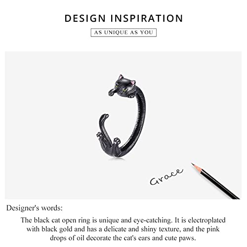 RUKYF 925 Sterling Silver Black Cat Rings with Black Gold Plating Dainty Stackable Adjustable Rings for Women Men Cute Cat Gifts for Cat Lovers