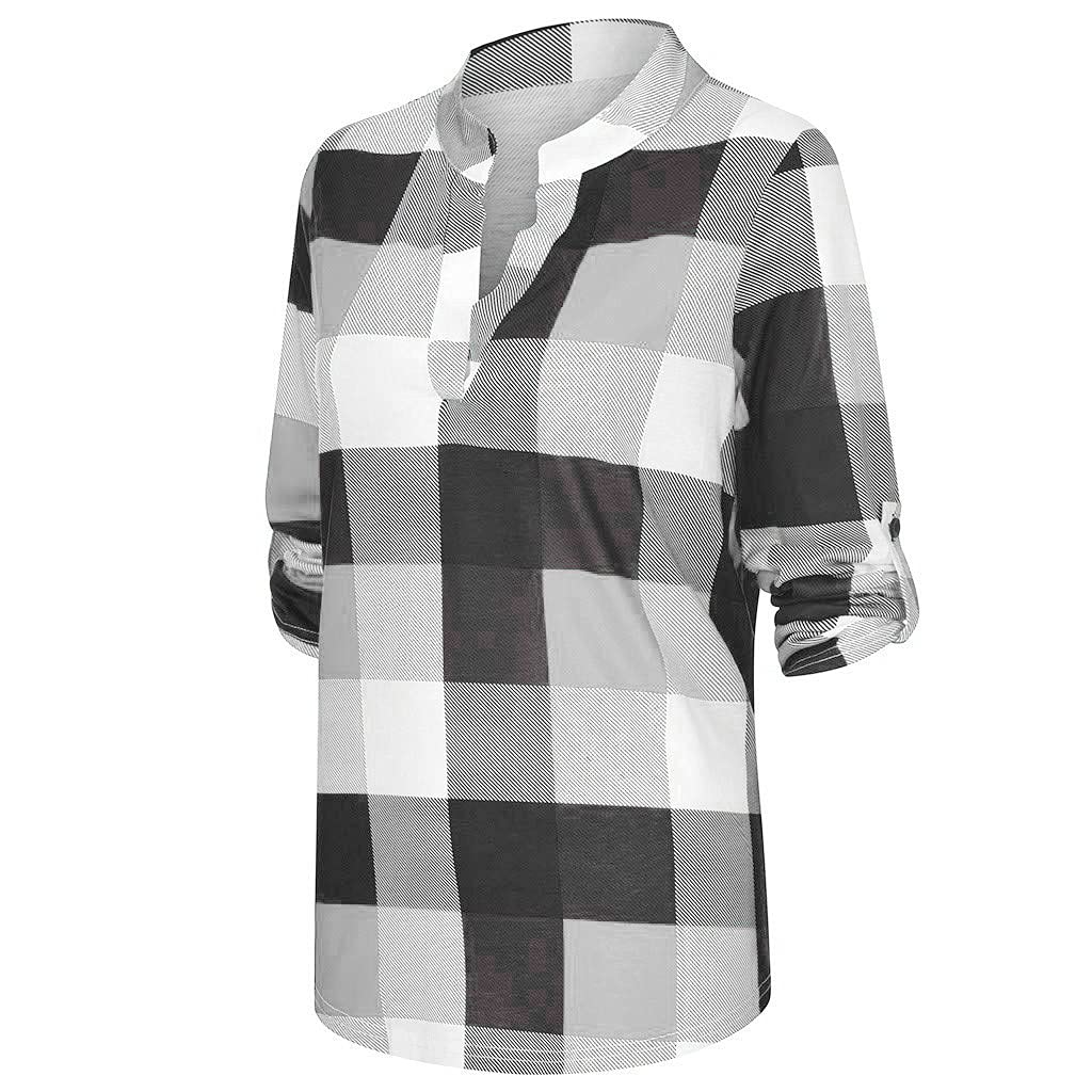 YAnGSale Top Casual Plaid Blouse Women Cotton Sweatshirt Long Sleeve Shirts Women's V-Neck Fall Sweaters Pullover Tops White