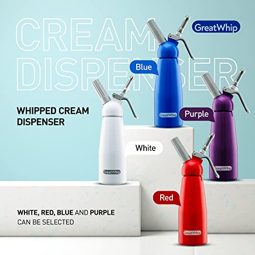 GreatWhip Whipped Cream Aluminum Dispenser Highly Durable Whip Cream Maker 500ml /1 Pint Large Capacity Cream Whipper with 3 Stainless Steel Nozzles & Cleaning Brush (White)