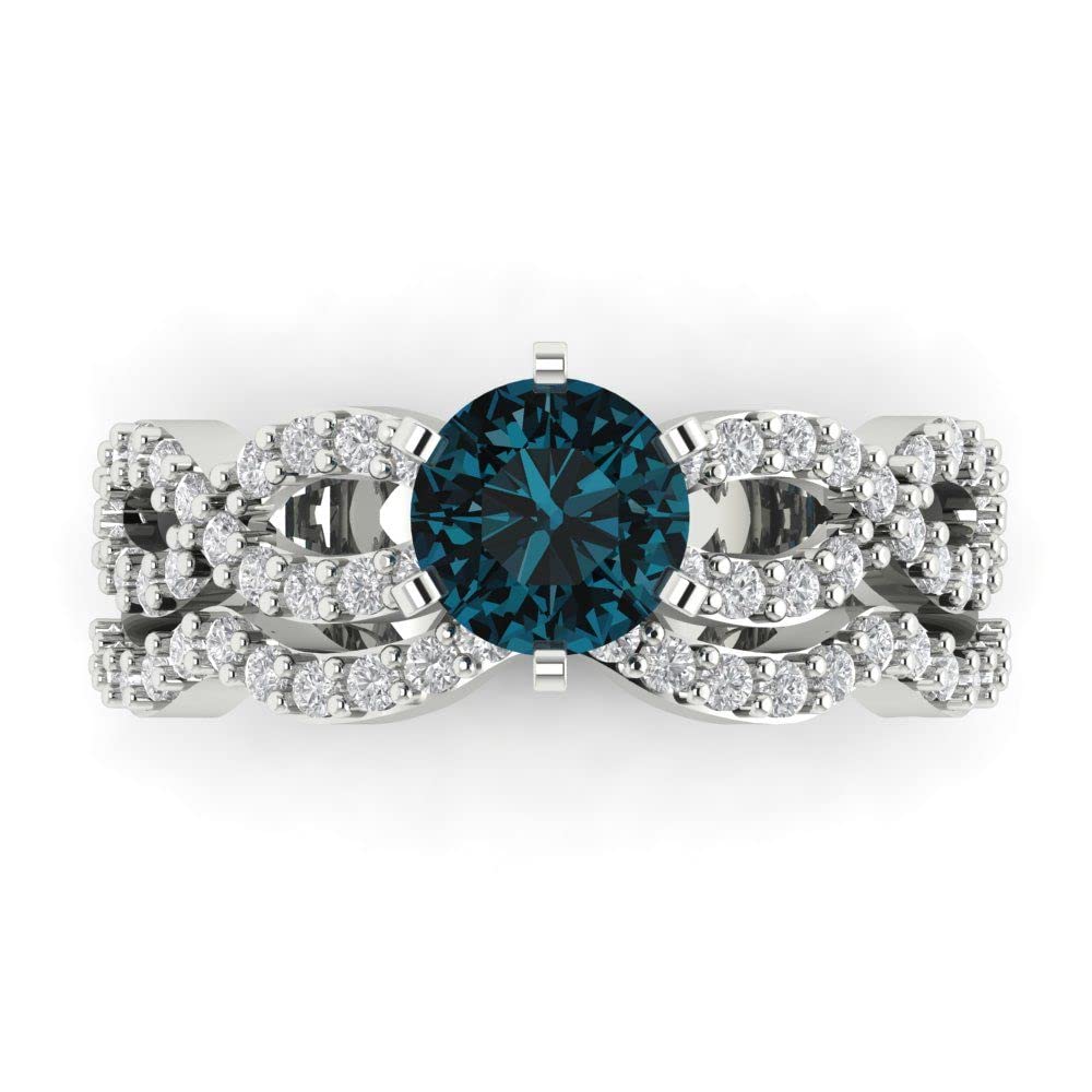 Clara Pucci 1.65ct Round Cut Laser Engraving Halo Natural London Blue Topaz Designer Statement Curved Ring Band Set 18K White Gold Size 4