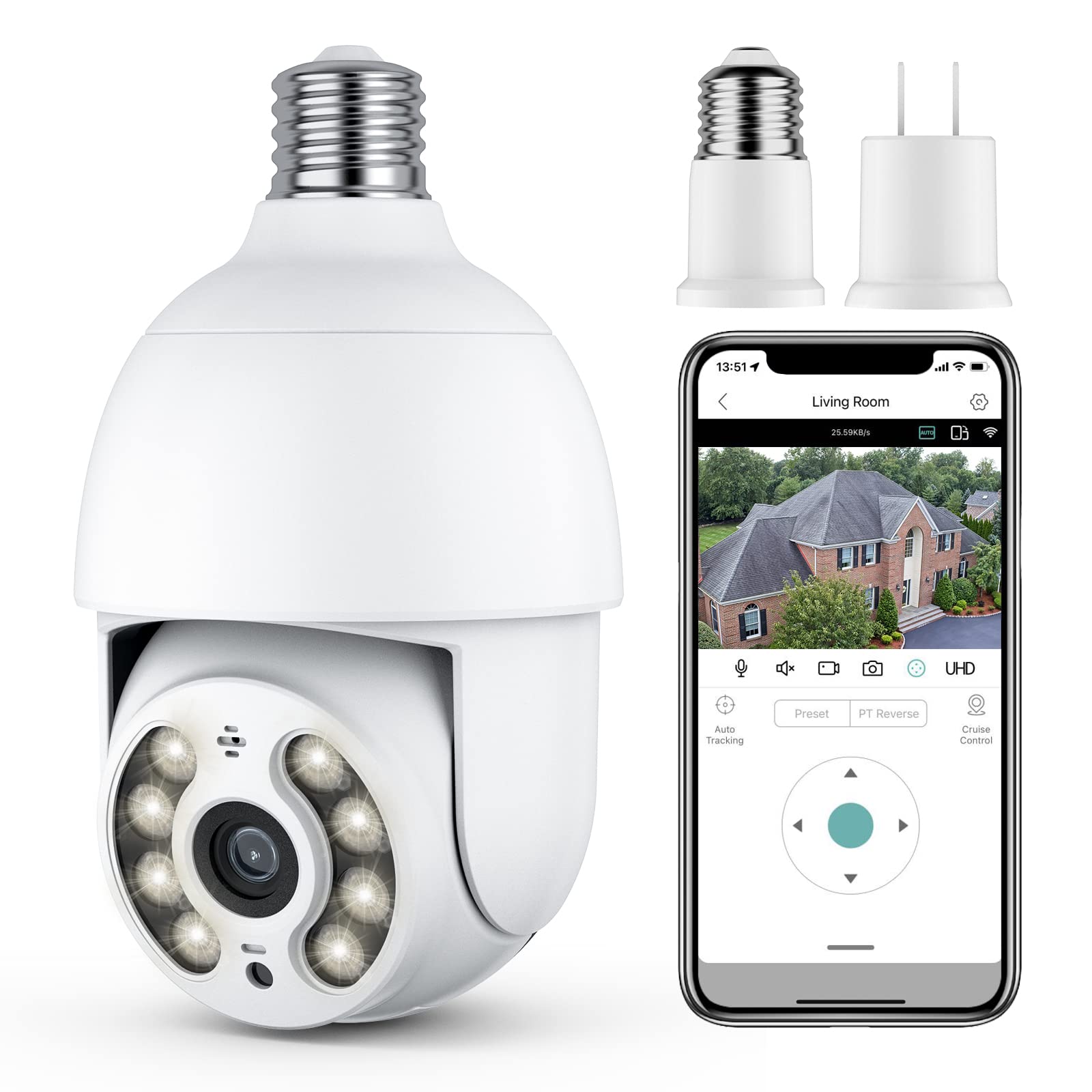 DocSmart Light Bulb Security Cameras, 2K Outdoor Wireless 360°Pan/Tilt IP Light Socket Cameras for Home Security with IP65 Color Night Vision Auto Tracking Siren Alarm Two Way Audio 2.4GHz