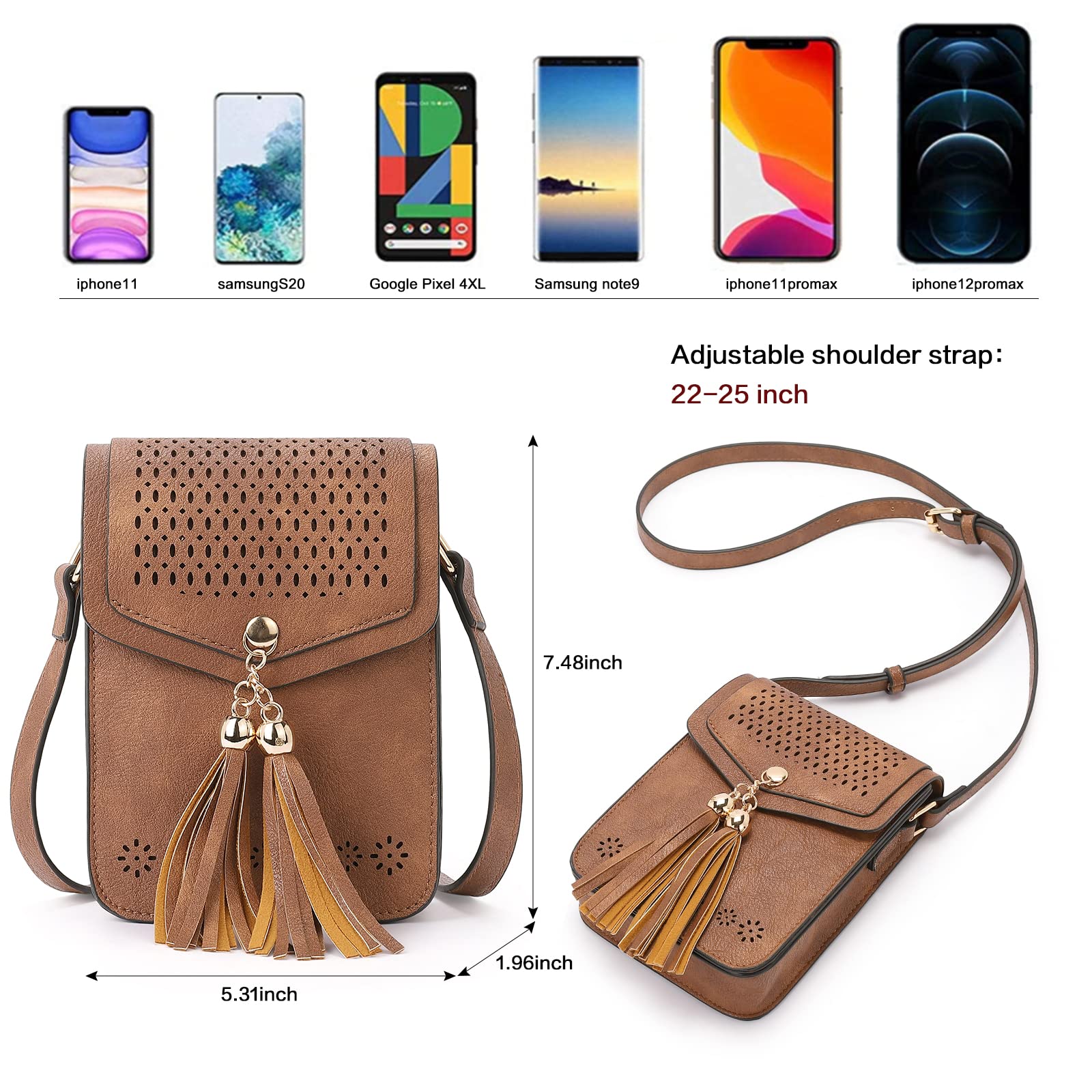 CLUCI Small Crossbody Bags for Women, Shoulder Bag with Tassel, Cell Phone Wallet Purse Brown