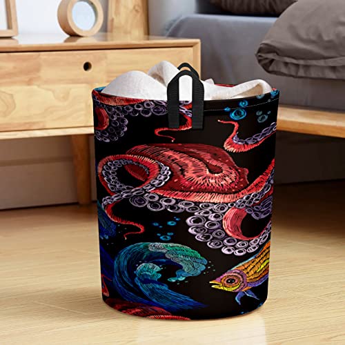 Laundry Basket Hamper with Handles Ocean Octopus Waves Fish Canvas Freestanding Dirty Clothes Hampers Waterproof Lightweight Large Storage Basket for Bedroom Dorm Clothes Towels Toys Organizer