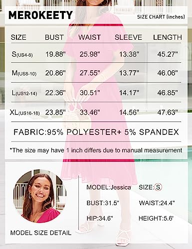 MEROKEETY Summer Dress for Women 2023 Wrap V Neck Bubble Sleeve Pleated Party Midi Dresses,HotPink,S