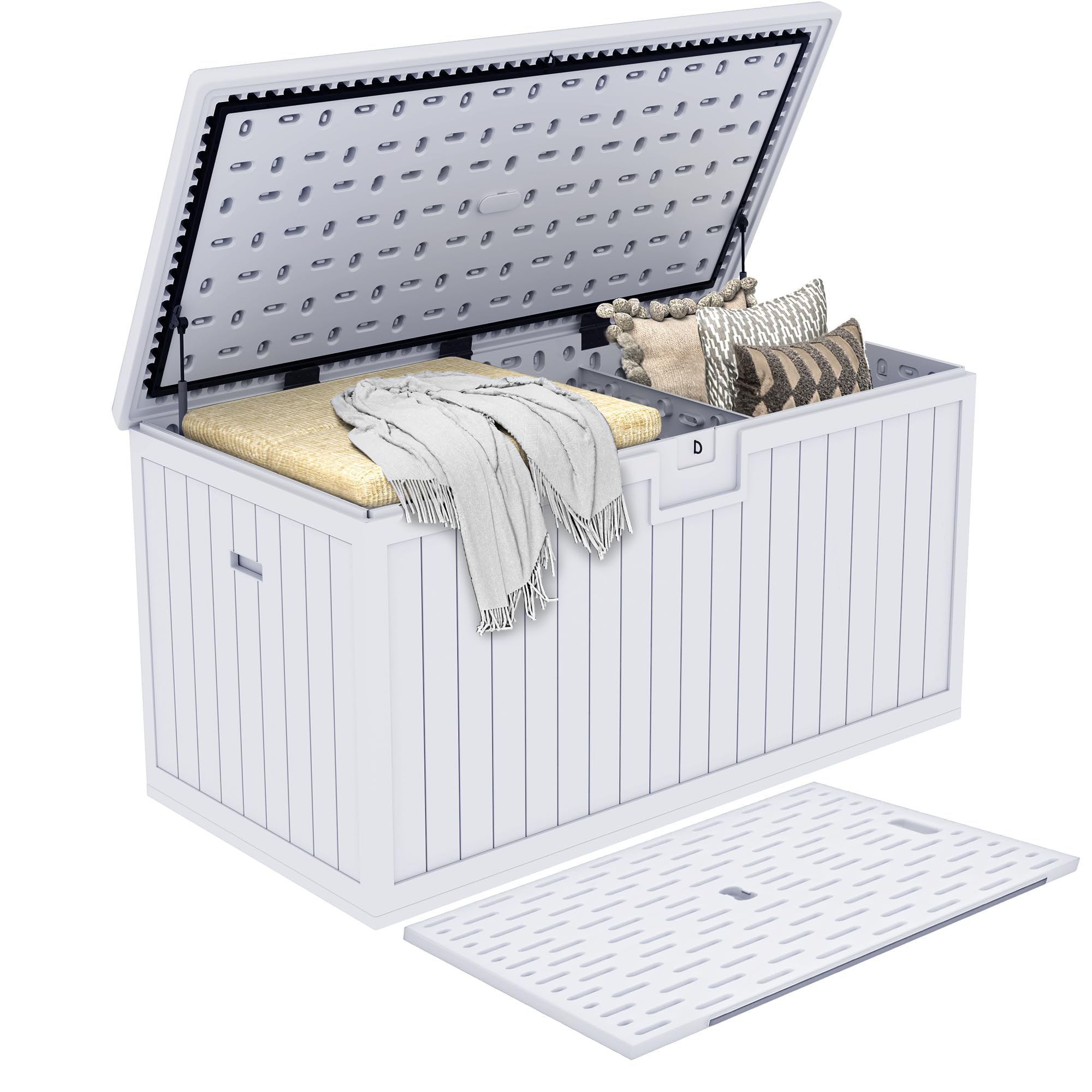 DWVO 90 Gallon Double-Wall Deck Box, Large Resin Outdoor Storage Box, Lockable & Waterproof, Double as Seating, 450lbs Capacity (Grayish-White)