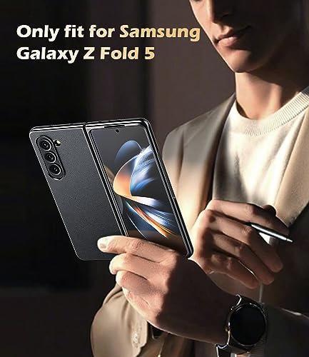 Waldeng 3-in-1 for Samsung Galaxy Z Fold 5 Case, [Omni-Directional Protection] [Metallic Glossy Bumper] Fascinating Touch Silm Fit Stylish Leather 5g Case for Galaxy Z Fold 5 Phantom Black