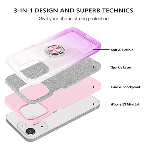 GUAGUA Compatible with iPhone 13 Mini Case 5.4 Inch Glitter Sparkle Bling Cute Cover for Girls Women with Pink Ring Holder Kickstand Shockproof Protective Case for iPhone 13 Mini Gradient Purple