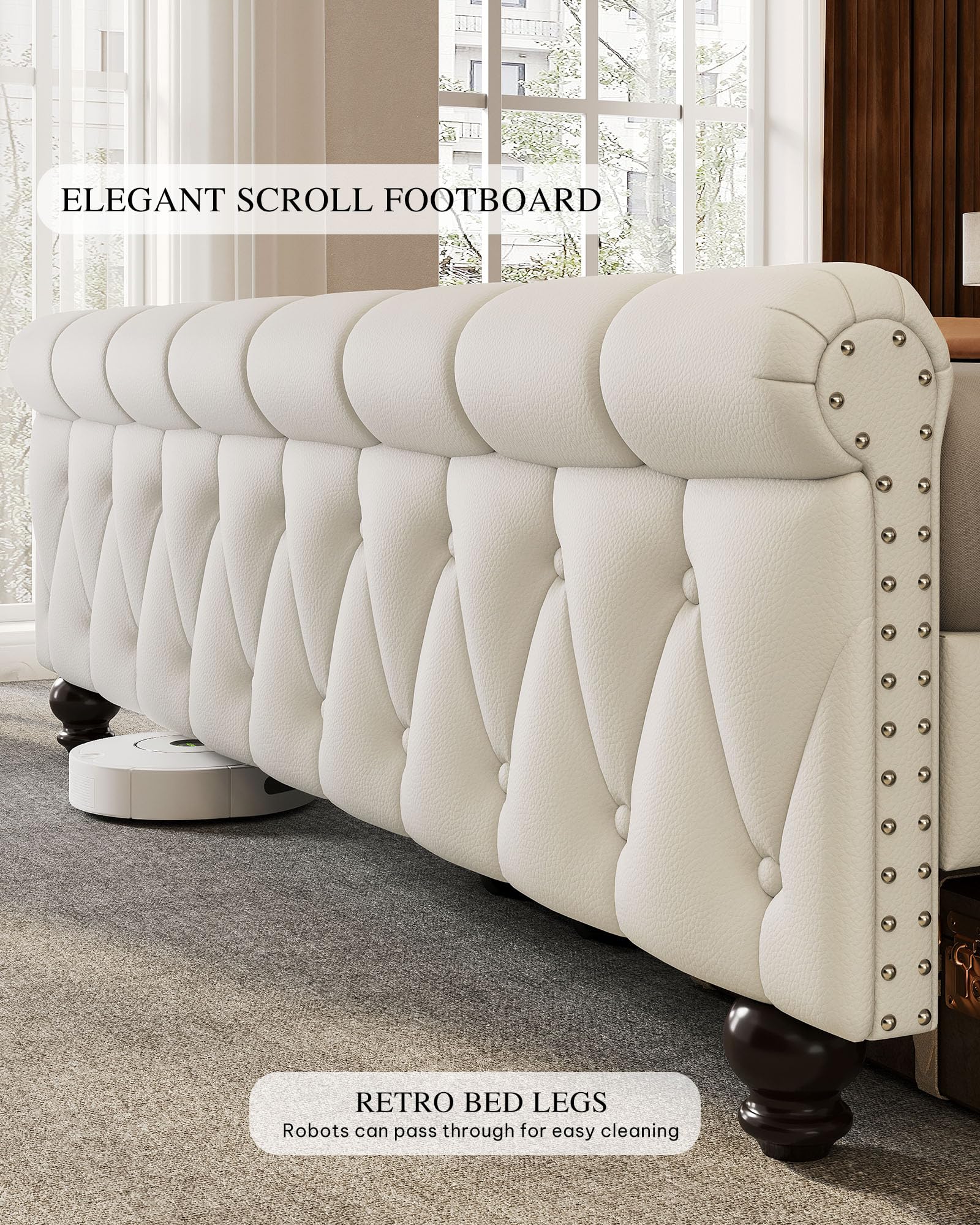 DWVO King Size Platform Bed Frame with 58" Tall Headboard and Footboard, PU Leather Upholstered Platform Bed with Solid Wood Leg, Button Tufted, No Box Spring Needed, Easy Assembly, Beige