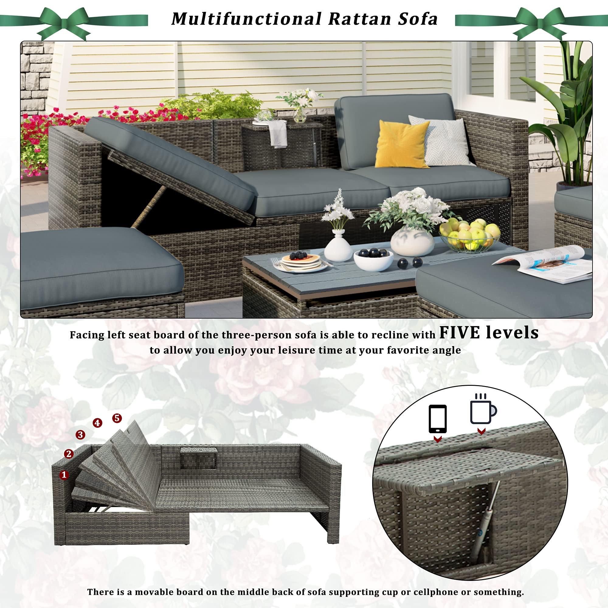 LZ LEISURE ZONE Patio Furniture Sets, 5-Piece Patio Conversation Sets, Outdoor PE Rattan Wicker Sectional Sofa Set with Adjustable Backrest, Ottomans and Lift Top Coffee Table, Grey+Grey
