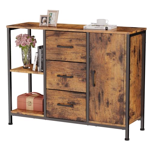 Furnulem Industrial Storage Cabinet with 3 Drawers,2 Shelves and Door,Wood Furniture, Accent Cabinet for Books/Document/Decoration in Home Office,Bedroom, Entryway,Kitchen,Metal Frame