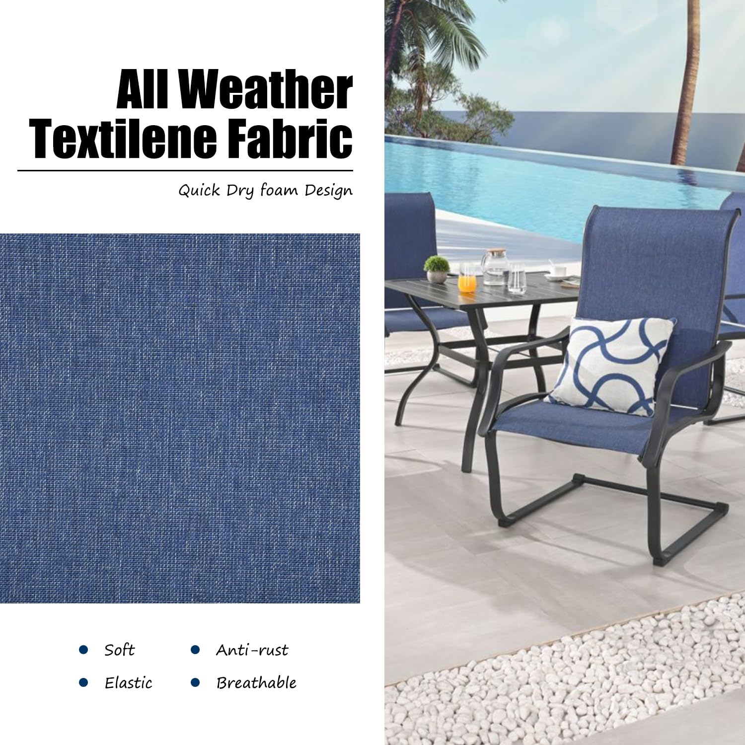 PatioFestival Outdoor C-Spring Dining Chairs Set of 4, Patio Sling High Back Springy Chairs,Textilene Fabric & Black Metal Frame(Blue)