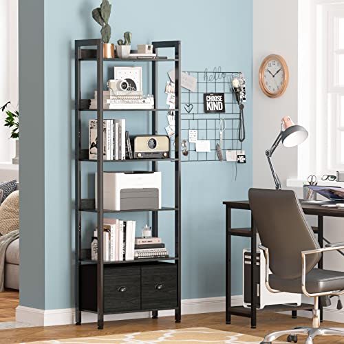 Furologee 6-Tier Bookshelf, Tall Bookcase with 2 Drawers Storage Organizer, Industrial Display Free Standing Shelf Units, Wood and Metal Storage Rack for Home Office, Bedroom, Black Oak