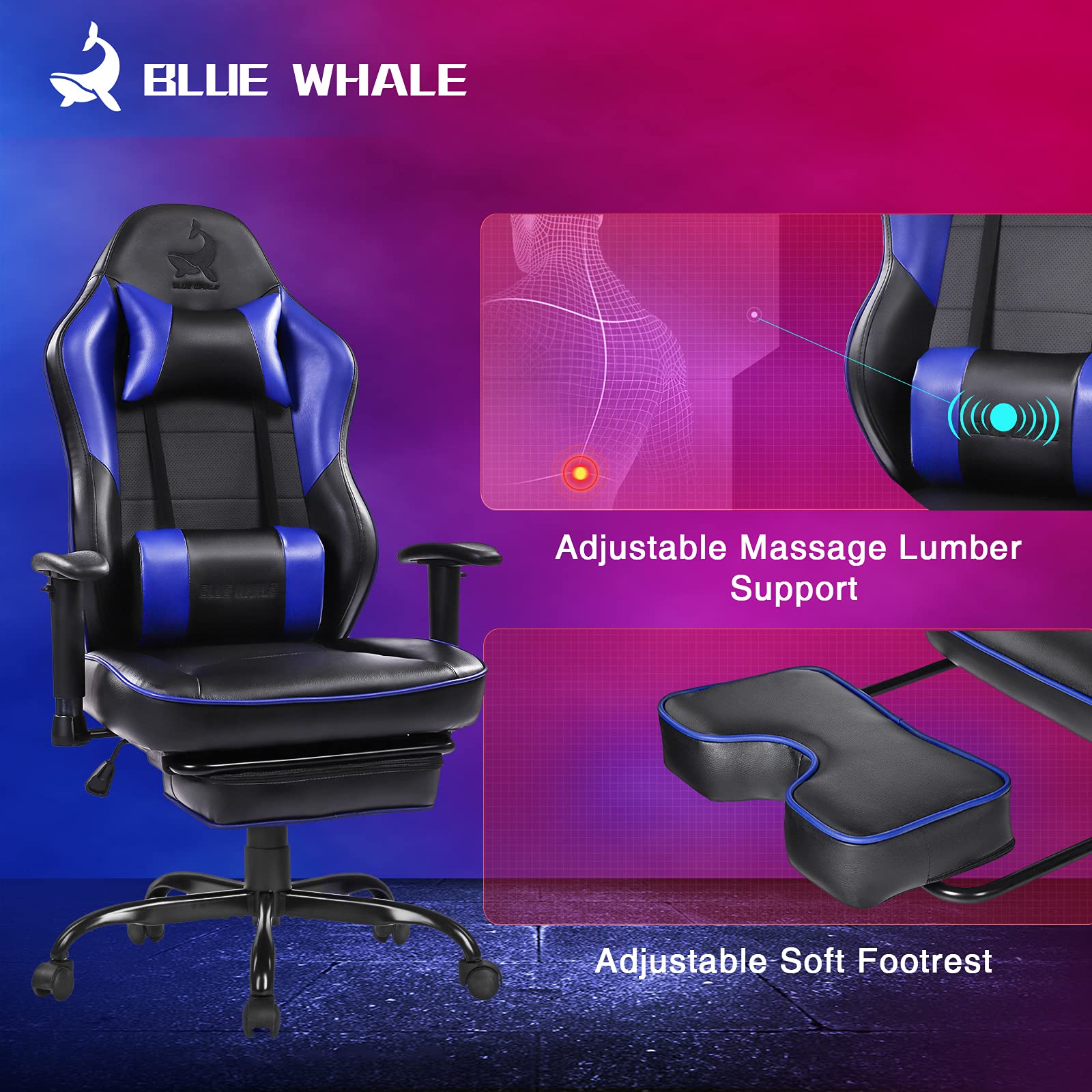 Blue Whale Massage Gaming Chair High Back Racing Computer Desk Chair Swivel Ergonomic Executive Leather Office Chairs with Adjustable Armrests and Footrest