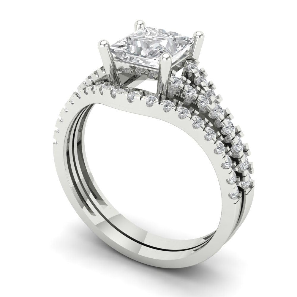 Clara Pucci 2.01ct Princess cut Custom Engraving Pave White Sapphire Engagement Ring Band Wedding Bridal Set Curved 14k White Gold 5.5