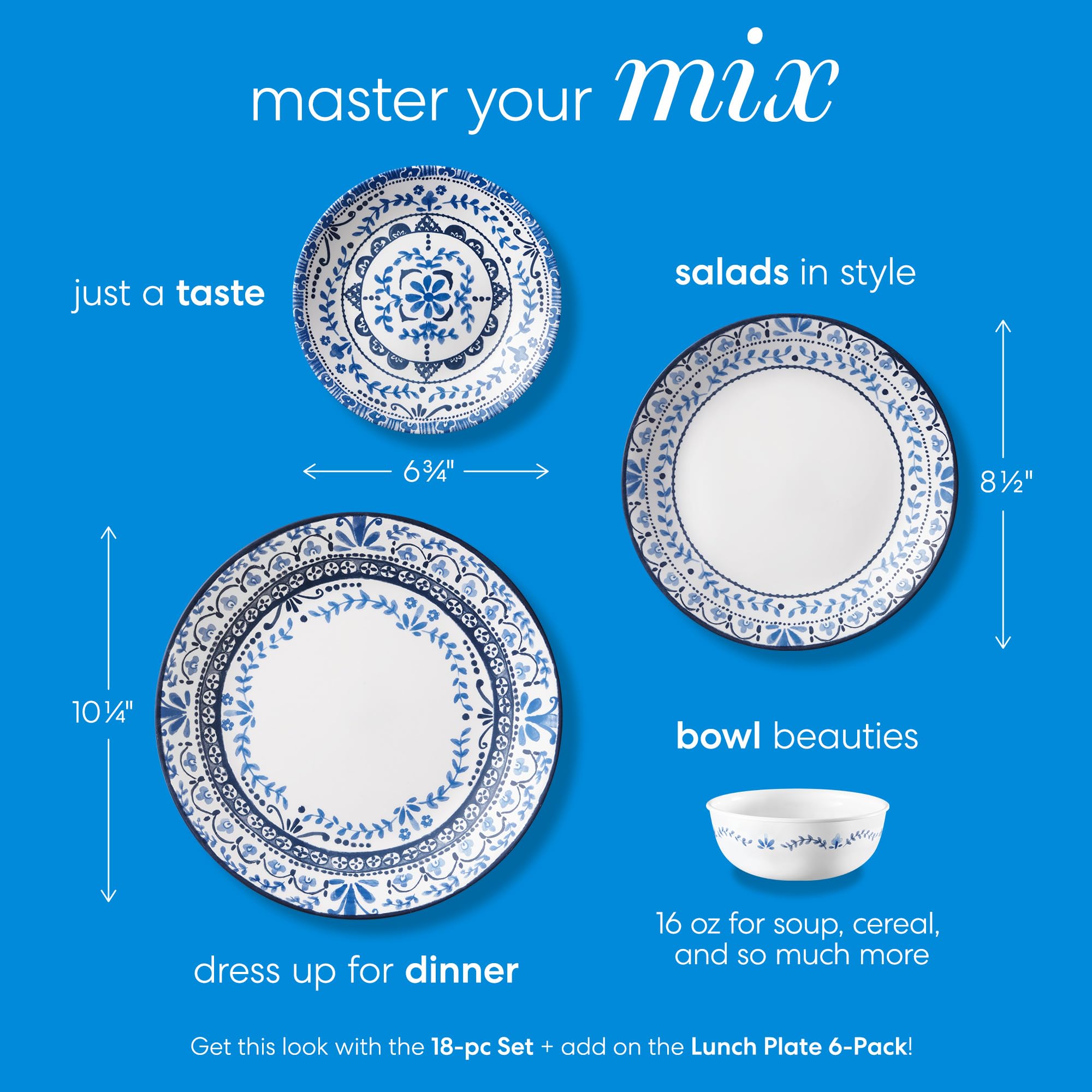 Corelle Vitrelle 6 PIECE Dinner Plates Set, Triple Layer Glass and Chip Resistant, Lightweight Round Plates, Portofino