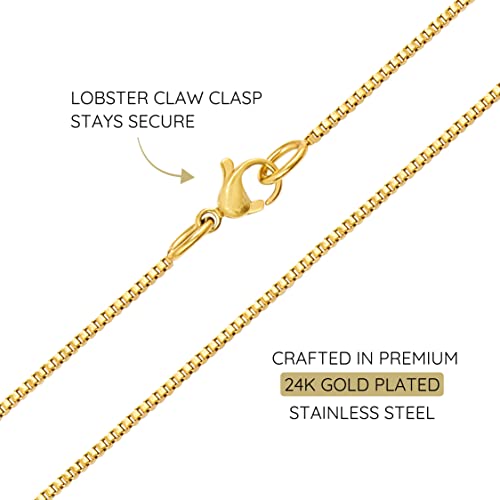 KISPER 24k Gold Box Chain Necklace β Thin, Dainty, Gold Plated Stainless Steel Jewelry for Women with Lobster Clasp, 36"