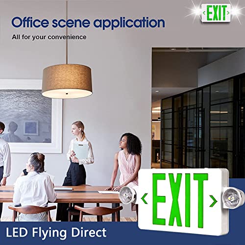 Green LED Exit Sign Emergency Light Combination Adjustable Two Heads and Battery Backup, US Standard Commercial Emergency Exit Lighting, Fire Resistant UL 924 AC 120/277V (8-Pack)