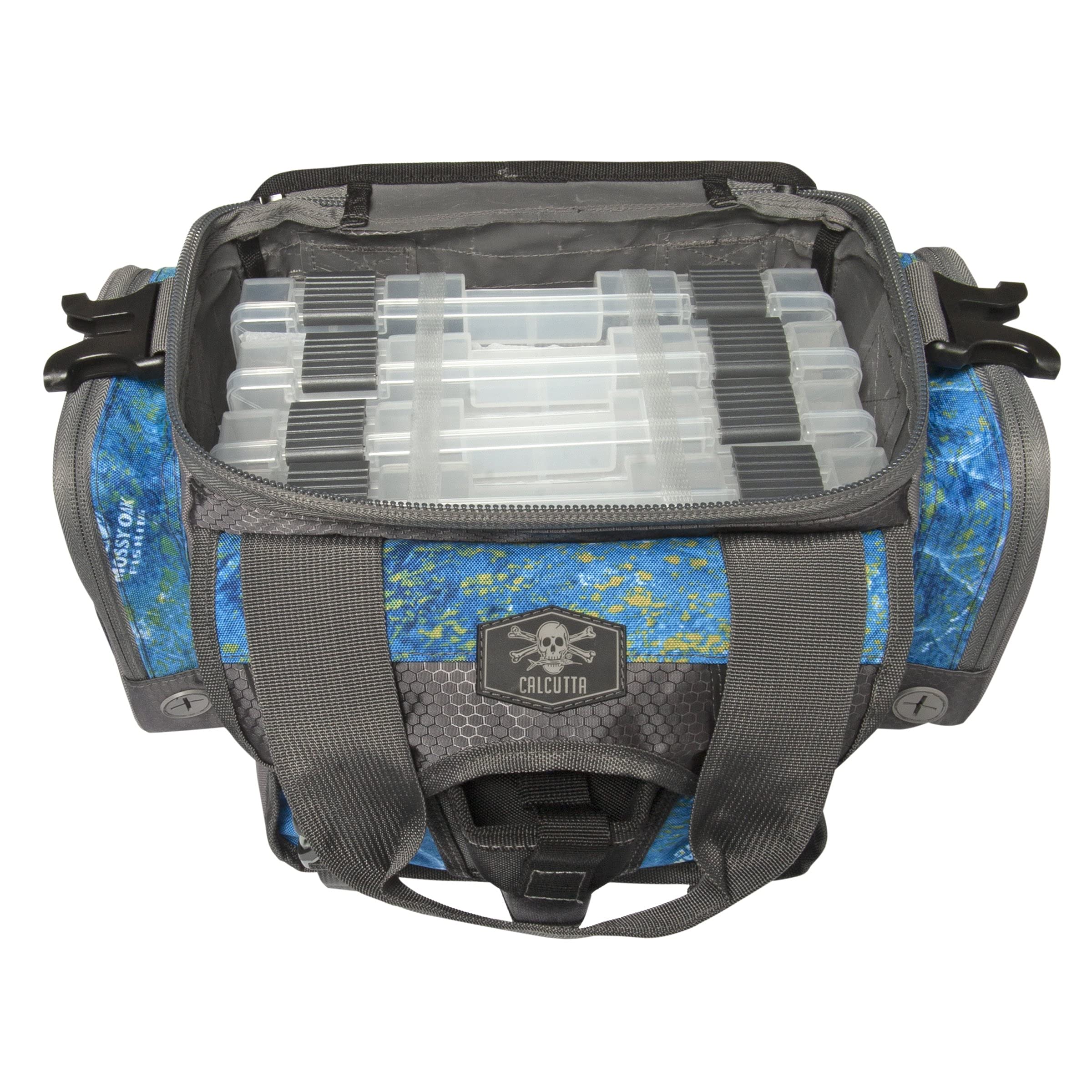 Calcutta Squall Tackle Bag | Mossy Oak Coastal Shoreline Pattern | 4 3700 Utility Boxes Trays | Removable Shoulder Strap | Compression Molded Bottom | Durable Construction