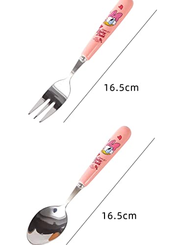 Meet Beauty Ding 1Set Stainless Steel Minnie Spoon Fork Set Pink Kid's Flatware with A Container Girl Children's Tableware Female Student's Cartoon Dinnerware Meal Tool(Made in China