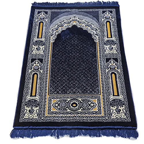 Modefa Islamic Prayer Rug - Double Plush Large & Wide Velvet Carpet - Traditional Muslim Janamaz Sajada - Thick Turkish Prayer Mat for Men & Women- Ramadan or Eid Gift - Floral Mihrab (Navy Blue)