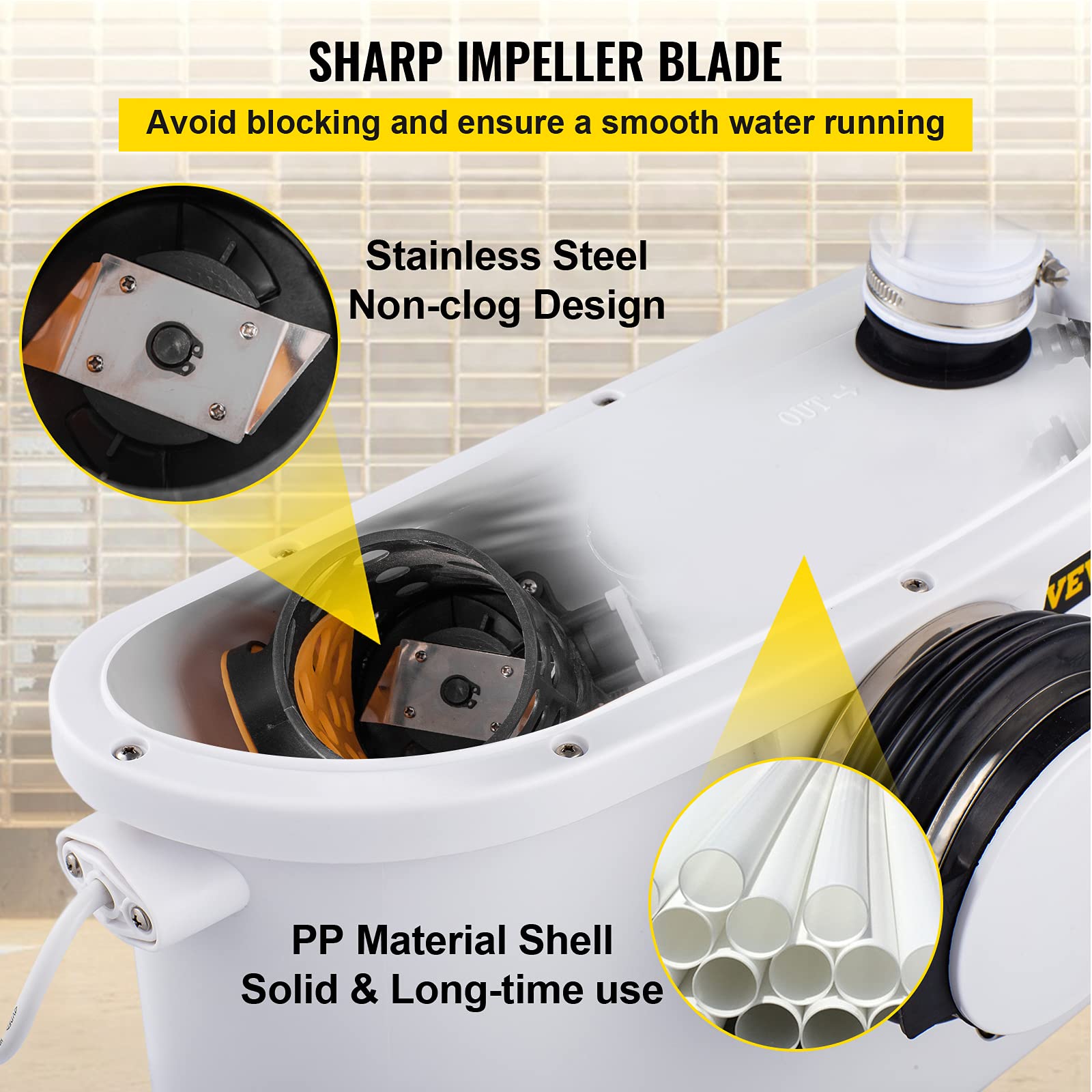 VEVOR Macerator Pump 400W, 4 Inlets for Basement, Kitchen, Toilet, Sink, Shower, Bathtub Waste Water Disposal Upflush Machine, Elevation up to 21ft, White