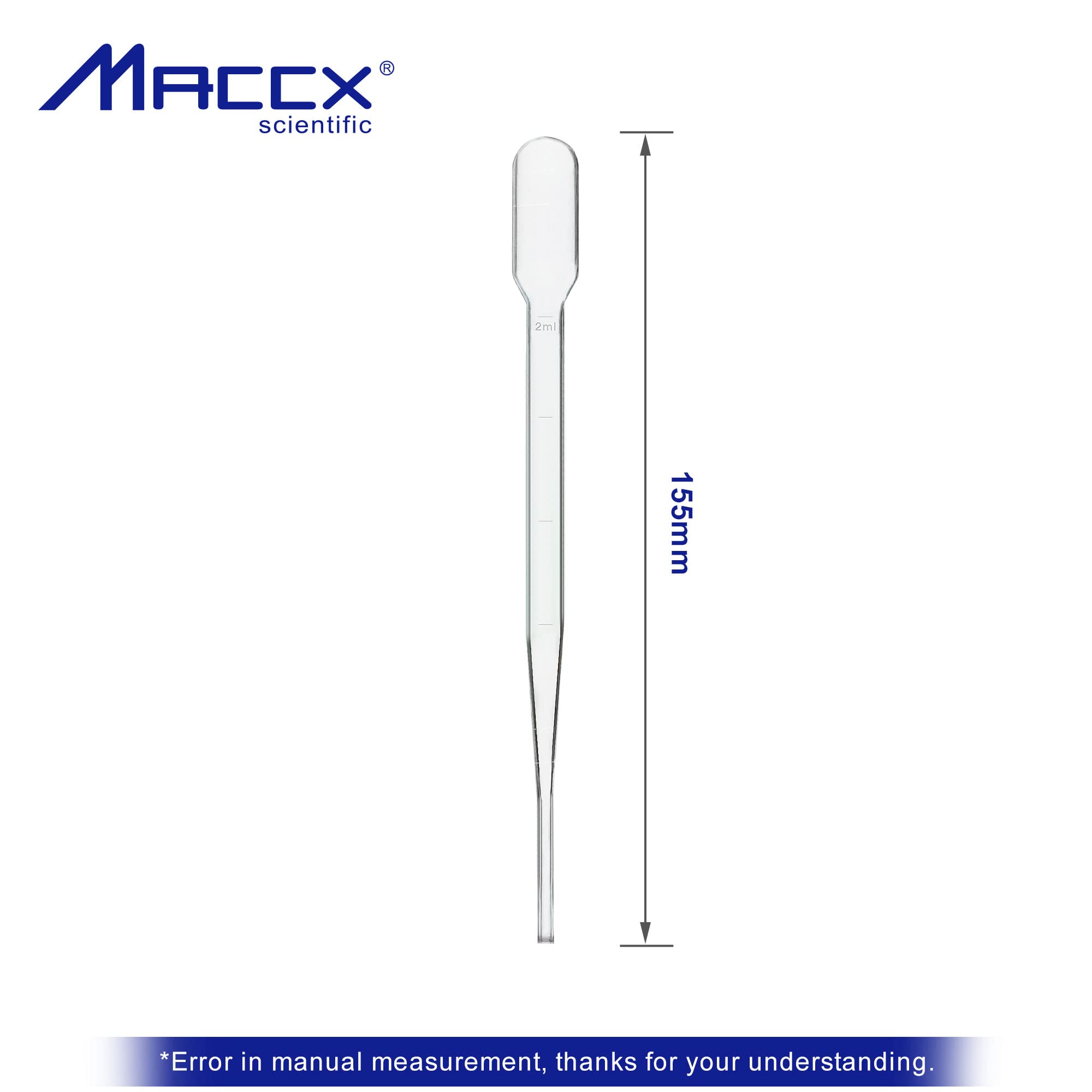 Maccx 100pcs Sterile Transfer Pipettes, Vol. 5ml, 2ml Graduated, 155mm Long, Essential Oils Pipettes, Low-Density Polyethylene Material, Individual Peel-Pack, TPP5155-100
