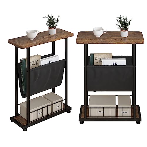 Walmokid 3 Tier Side Table with Magazine Holder, Industrial End Table with Open Storage, Wooden Bedside Table, Nightstand for Living Room, Bedroom, Small Spaces, Easy Assembly, Rustic Brown