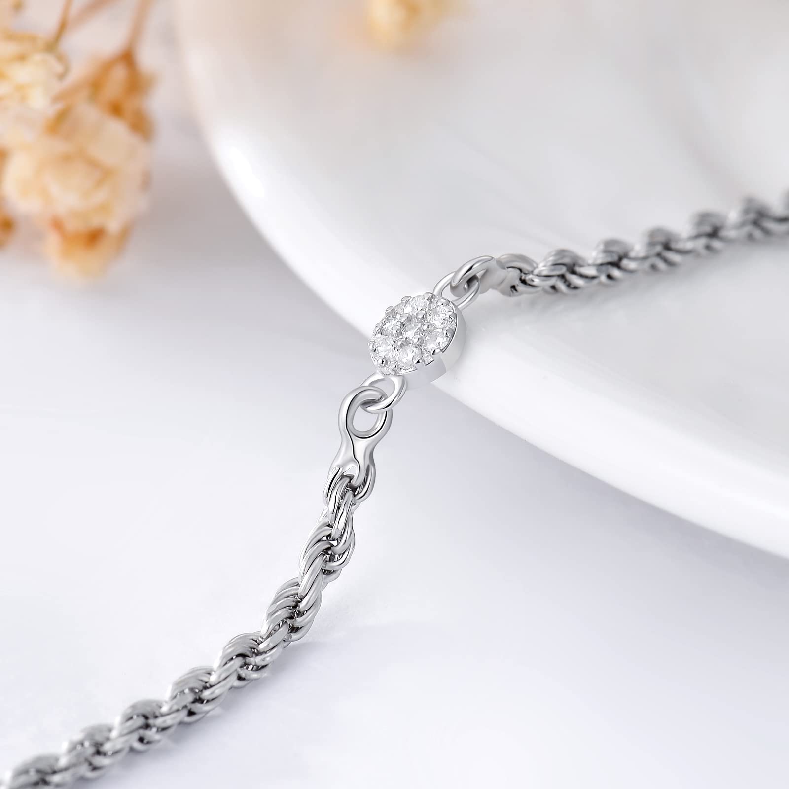CTIEIP Sterling Silver 0.10 Cttw Real Diamond Bracelet,Rope Chain Station Bracelet for Women(I2-I3 Clarity)
