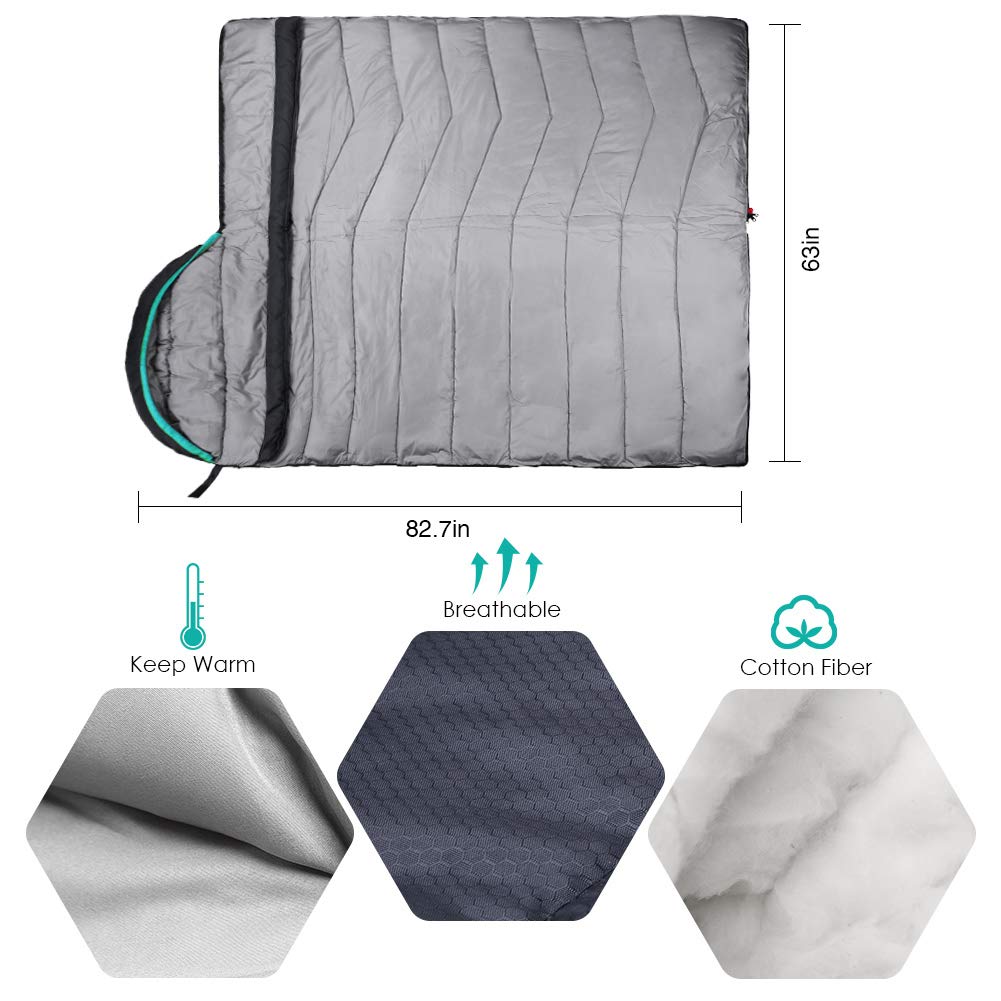 CANWAY Double Sleeping Bag,2 Person Sleeping Bag Lightweight Waterproof with 2 Pillows for Camping, Backpacking, or Hiking for Adults or Teens Queen Size XL & XXL