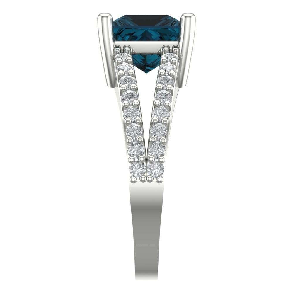 Clara Pucci 2.39ct Princess cut Custom Engraving Solitaire split shank London Blue Topaz Statement Art Deco Ring 14k White Gold SZ 9.5